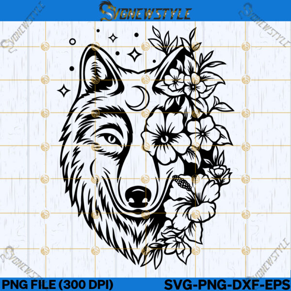 Wolf With Flowers Svg, Wolf Flower Svg, Png, Dxf, Eps, Cut File Svg